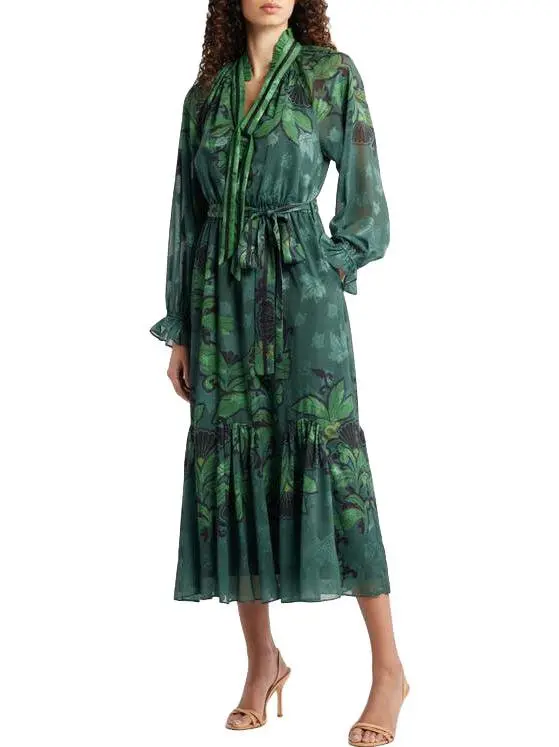 CIEBON Metallic Mixed Print Long Sleeve Dress - Olive Green