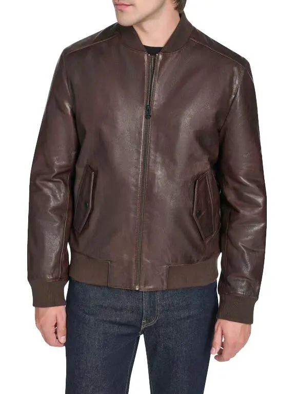 Cole Haan Leather Bomber Jacket - Brown