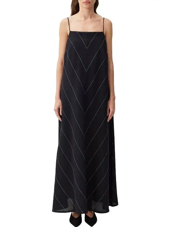MAVI Chevron Stripe Cotton & Linen Maxi Dress - Black Beige Stripe