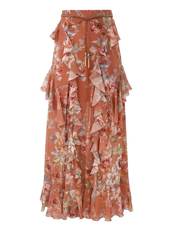 Zimmermann Ruffled Floral Print Maxi Skirt - Brown