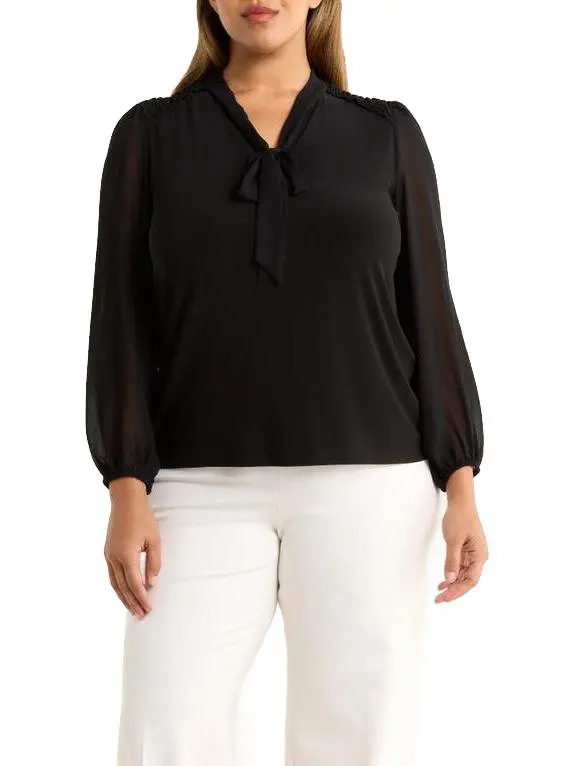 Anne Klein Tie Neck Long Sleeve Woven Shirt - Anne Black