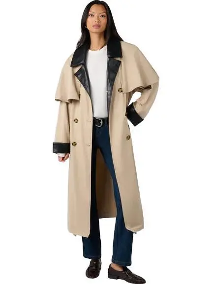 WeWoreWhat Twill Trench Coat With Vegan Leather Trim - Taupe/black