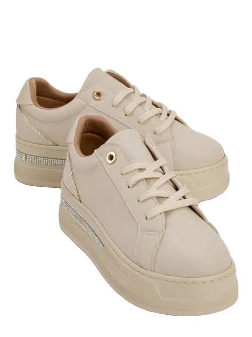PROLOGUE SHOES Embellished Platform Sneakers - Beige Faux Leather