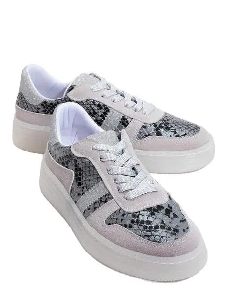 PROLOGUE SHOES Rexie Glitter Sneakers - Silver Print Faux Leather