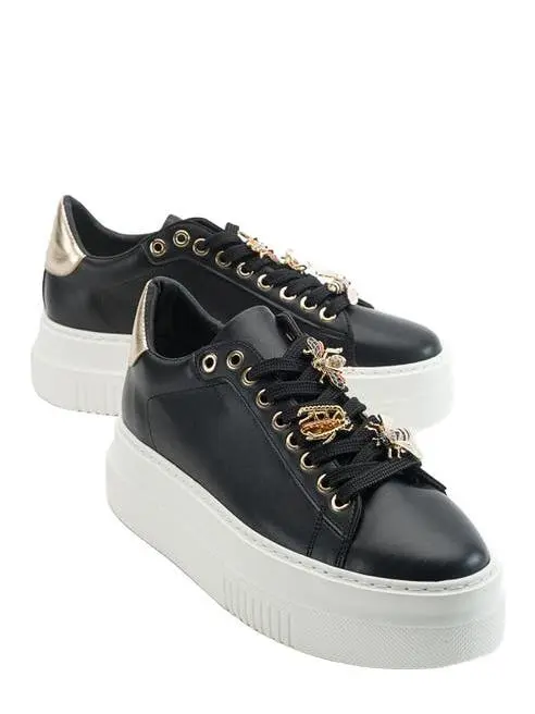 PROLOGUE SHOES Embellished Leather Sneakers - Black Faux Leather