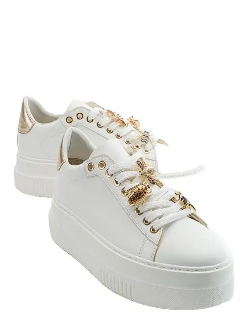 PROLOGUE SHOES Embellished Leather Sneakers - White Faux Leather