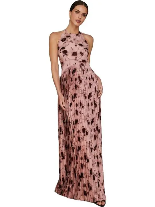 SIX STORIES Floral Halter Pleated Maxi Dress - Dusky Pink