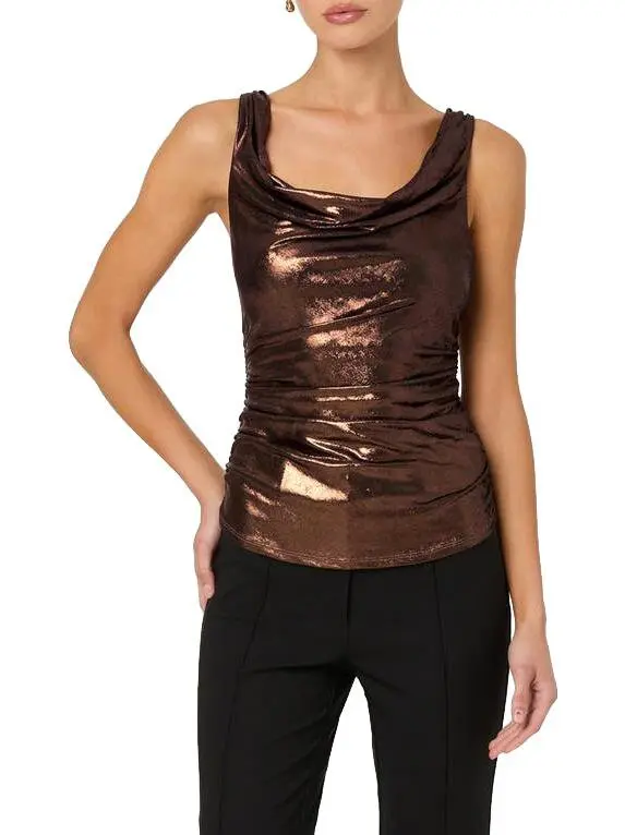 Astr The Label Leanne Metallic Cowl Neck Tank - Brown