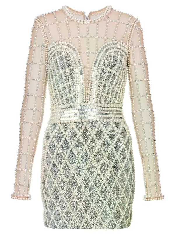 Balmain Embellished Beaded Minidress - Silver