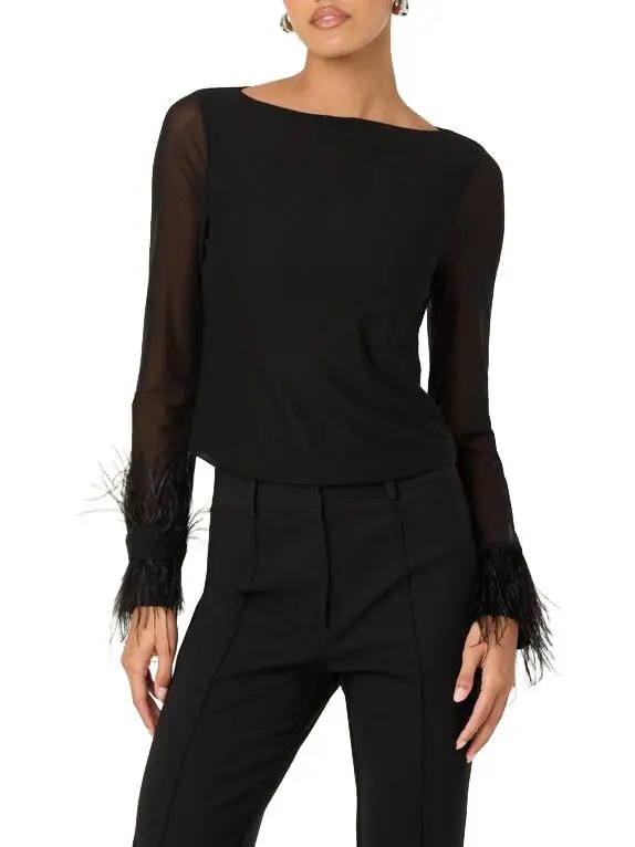 Astr The Label Brisa Feather Trim Long Sleeve Top - Black