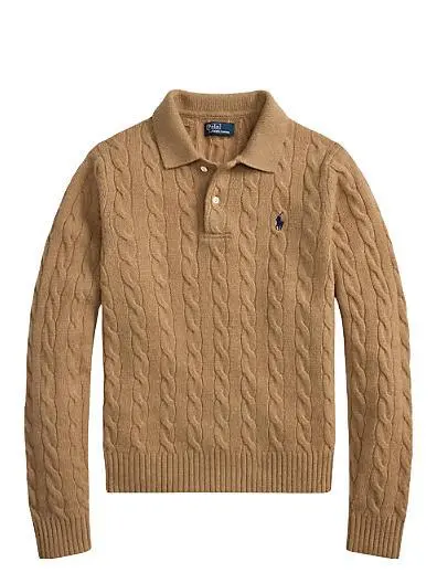 Ralph Lauren Logo-embroidered Cable-knit Cotton Jumper - Collection Camel Melange