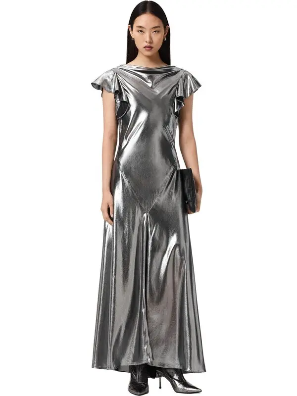 ALLSAINTS Flora Metallic Maxi Dress - Silver
