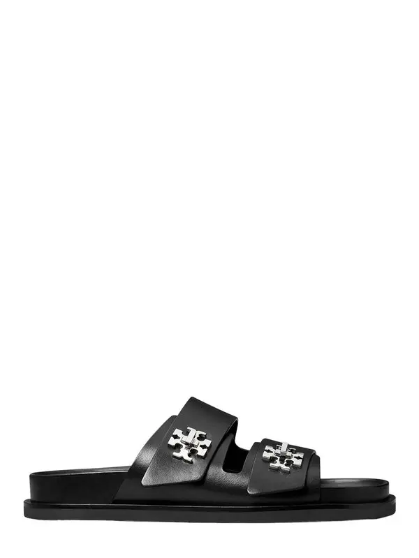 Tory Burch T-lock Leather Sport Slide Sandals - Perfect Black
