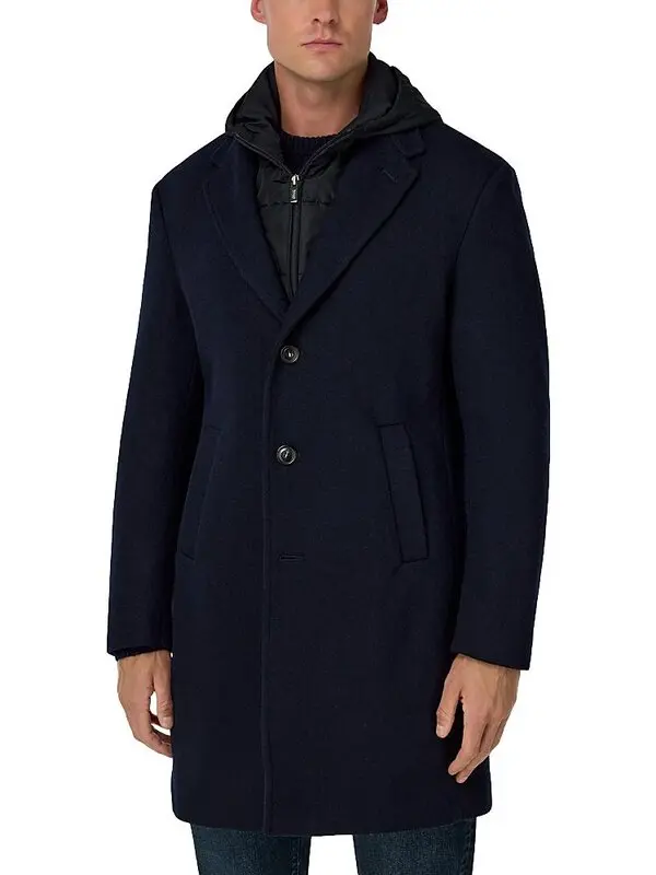 Boggi Milano Single Breasted Jersey Coat With Removable Hooded Insert - Dark Navy