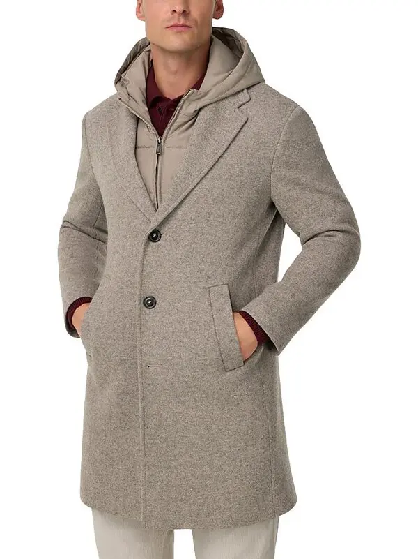 Boggi Milano Single Breasted Jersey Coat With Removable Hooded Insert - Taupe