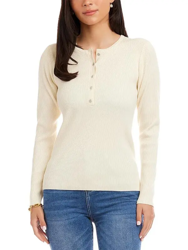 Karen Kane Henley Ribbed Knit Sweater - Cream