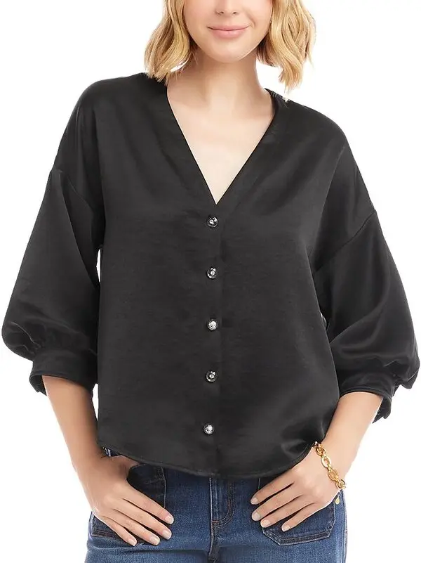 Karen Kane Lantern Sleeve Satin Shirt - Black