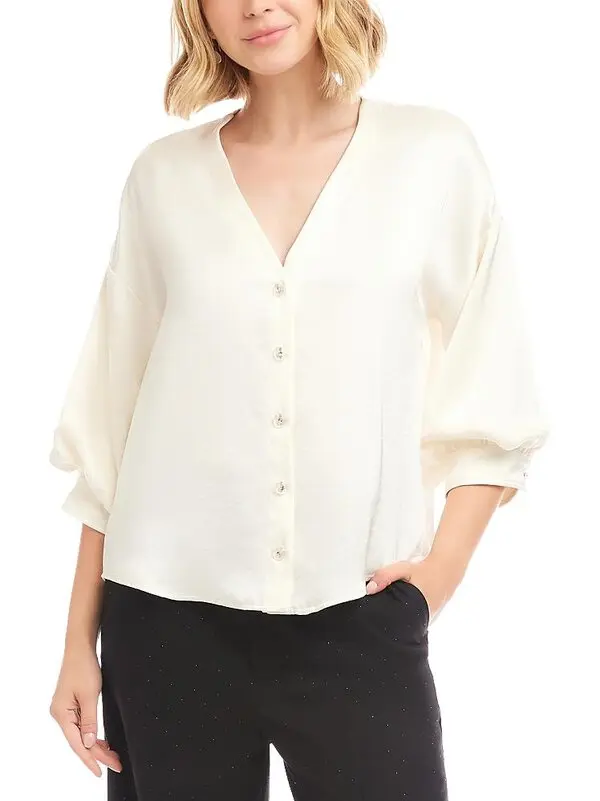 Karen Kane Lantern Sleeve Satin Shirt - Cream