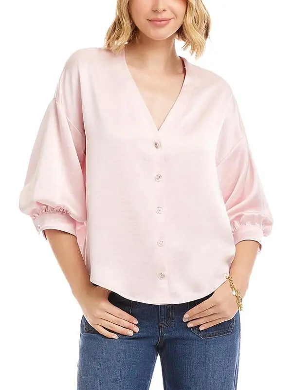 Karen Kane Lantern Sleeve Satin Shirt - Pink