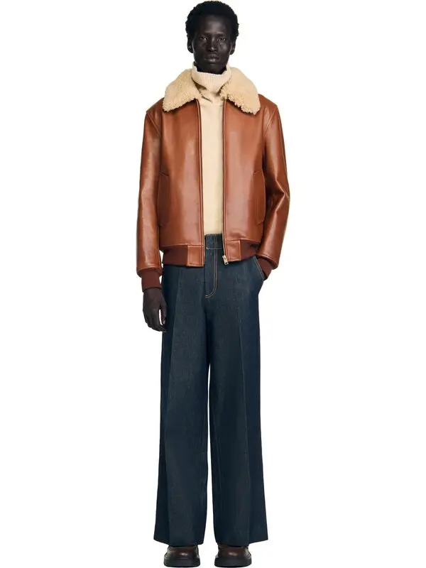 Sandro Leather Jacket With Shearling Collar - Cognac