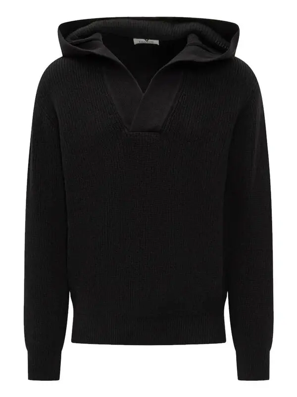 LANEUS Hooded V-neck Sweater - Black