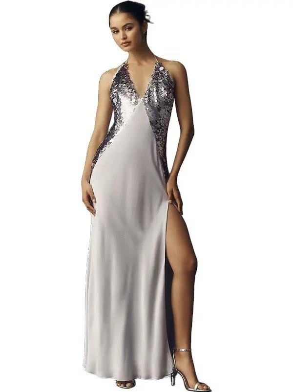 Bardot Yve Sequin Satin Halter Dress - Ice Blue