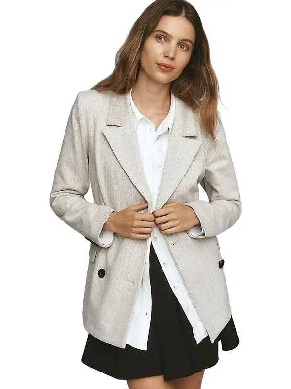 Avec Les Filles Rhinestone Stripe Double-breasted Knit Blazer Jacket - Light Grey