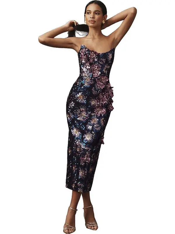 HELSI Rachel Strapless 3d Floral Midi Dress - Navy/black Floral