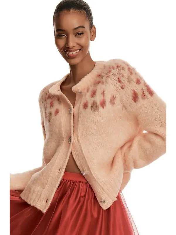 Maeve Brushed Embellished Wool Blend Cardigan - Pink Pattern