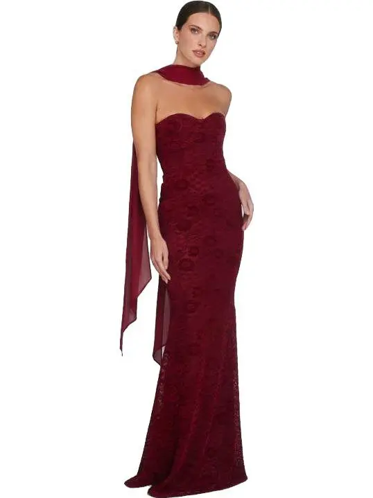 SIX STORIES Velvet Lace Corset Bandeau Maxi Dress - Wine