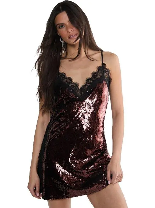 Nasty Gal Sequin Lace Trim Mini Slip Dress - Chocolate