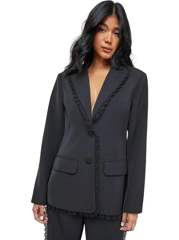 WAREHOUSE Oversized Lace Frill Trim Blazer - Black