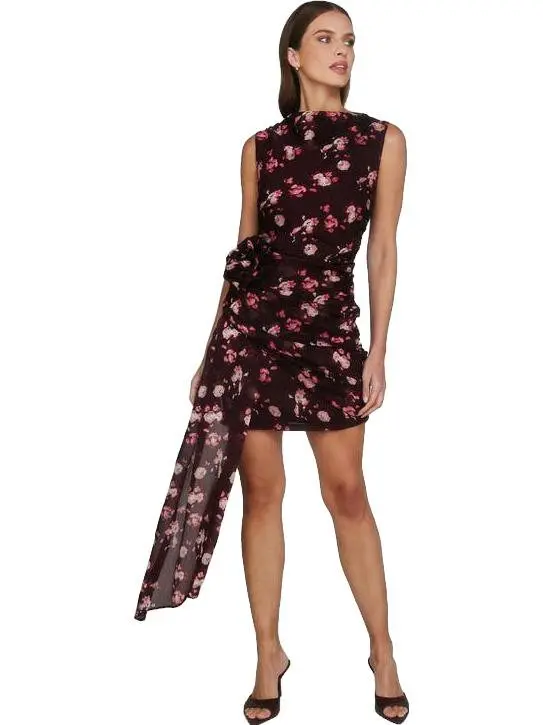 SIX STORIES Floral Coursage Ruched Mini Dress - Wine