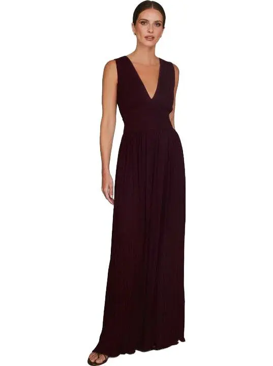 SIX STORIES Pleated Plunge Maxi Dress - Wine