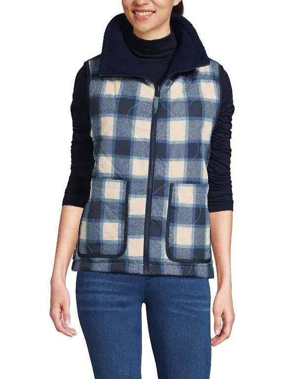 LANDS' END High Pile Fleece Reversible Mixed Media Vest - Navy/navy Check