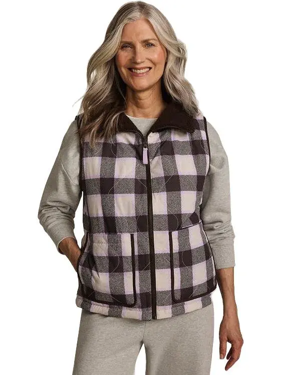 LANDS' END High Pile Fleece Reversible Mixed Media Vest - Rich Coffee/brown Check
