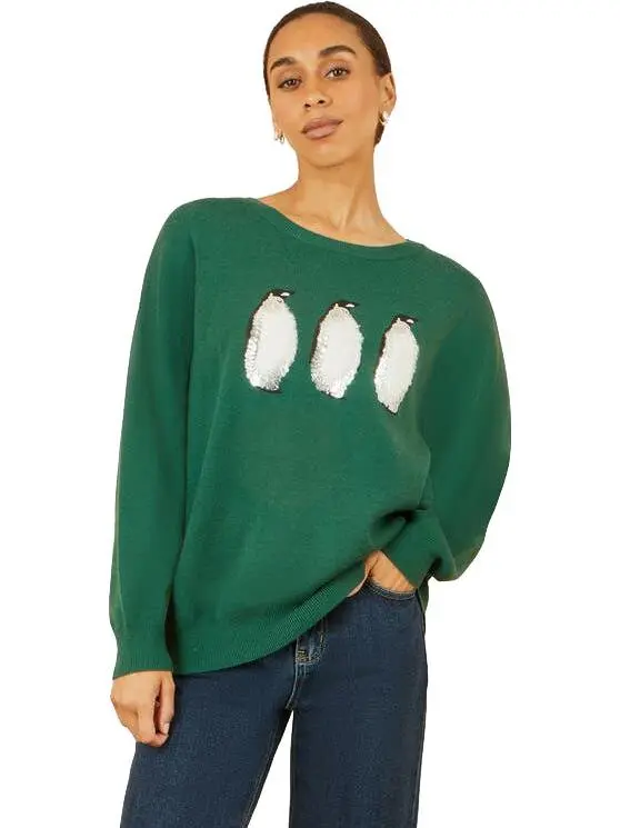 YUMI Festive Penguin Knitted Sweater - Green