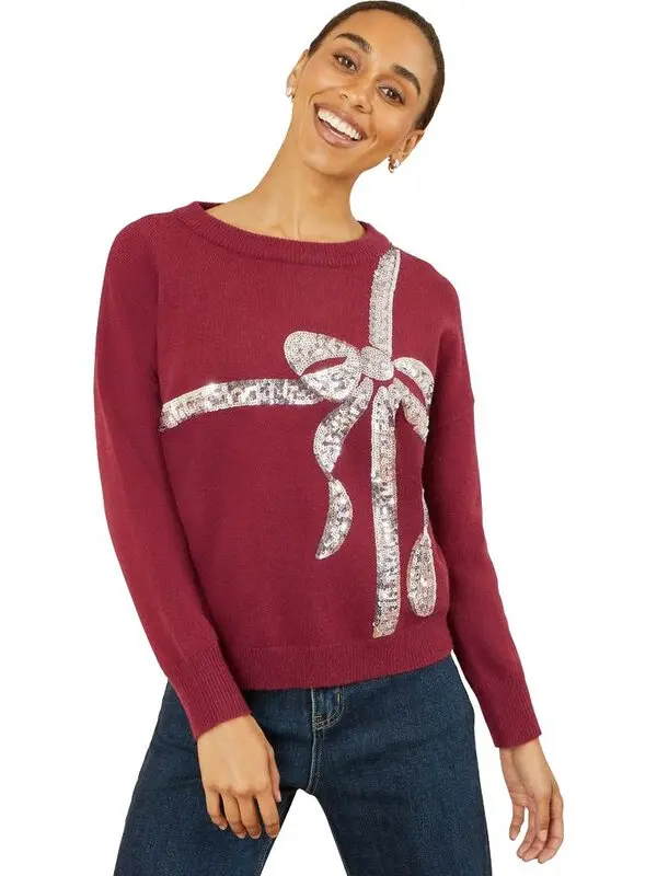 YUMI Sequin Bow Knitted Sweater - Burgundy