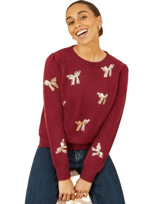 YUMI Sequin Applique Bow Sweater - Burgundy