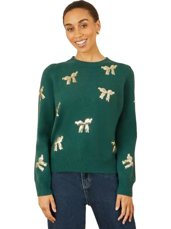 YUMI Sequin Applique Bow Sweater - Green