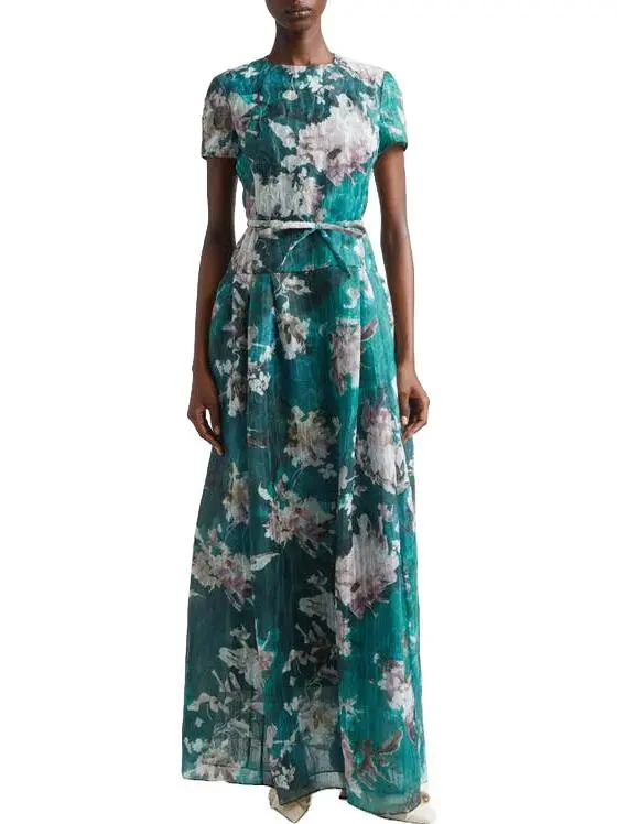 Erdem Painted Floral Crushed Organza Drop Waist Gown - Painted Bloom Hedgerow Green