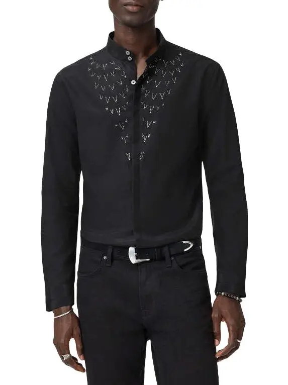John Varvatos Lex Embellished Band Collar Silk & Wool Button-up Shirt - Black