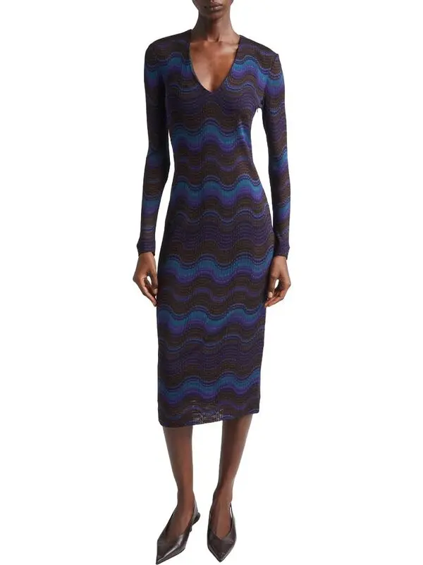 Missoni Wavy Stripe Long Sleeve Raschel Knit Midi Dress - Blue And Brown Tones