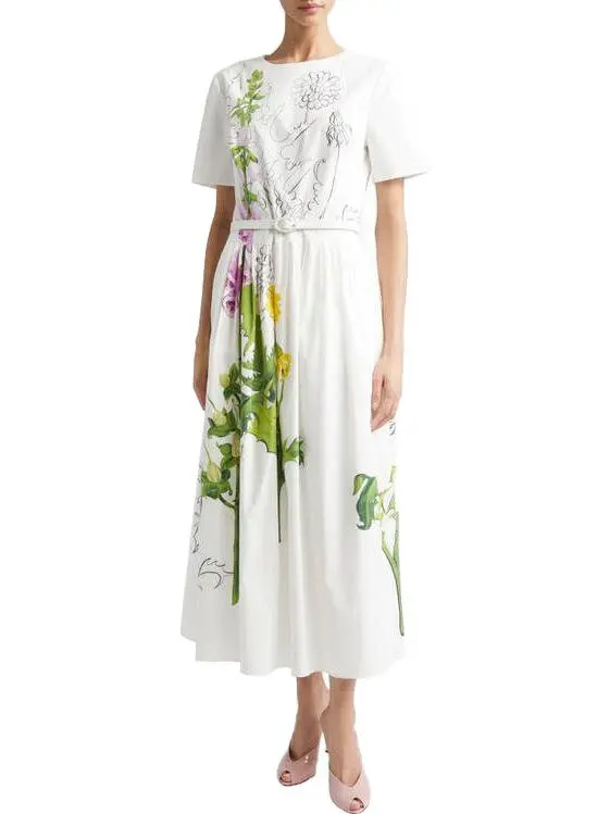 Oscar De La Renta Foxglove & Dandelion Sketch Belted Midi Dress - White Multi