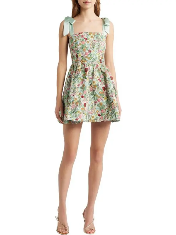 LUCY PARIS Natalie Brocade Cocktail Mini Dress - Green Multi Floral
