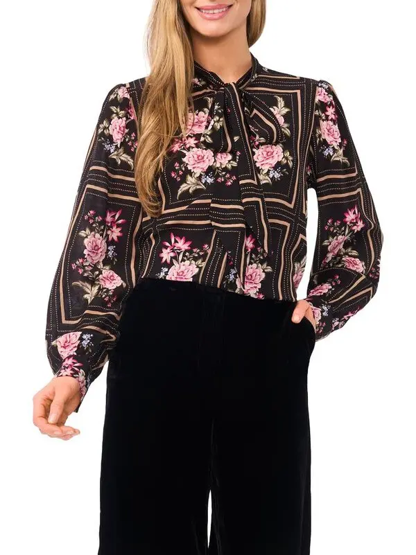 Ted Baker London Alba Floral Tie Neck Blouse - Rich Black