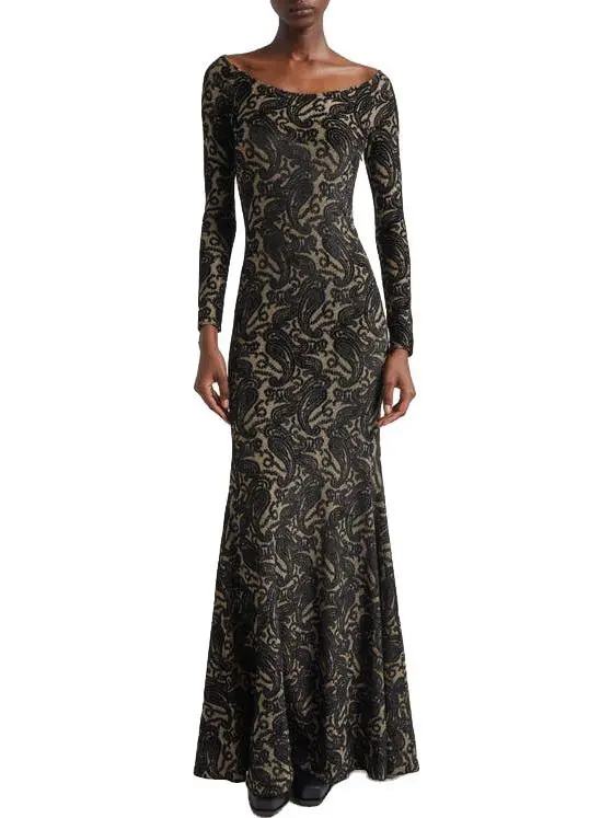Etro Long Sleeve Metallic Paisley Chenille Gown - Oro