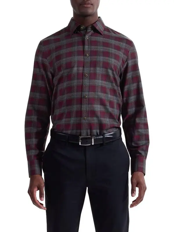 Bugatchi Karl Shaped Fit Plaid Cotton & Cashmere Button-up Shirt - Burgundy