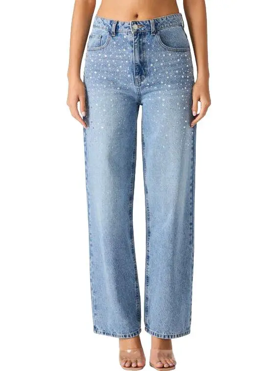Steve Madden Taylor Crystal Embellished Straight Leg Jeans - Chloe Wash