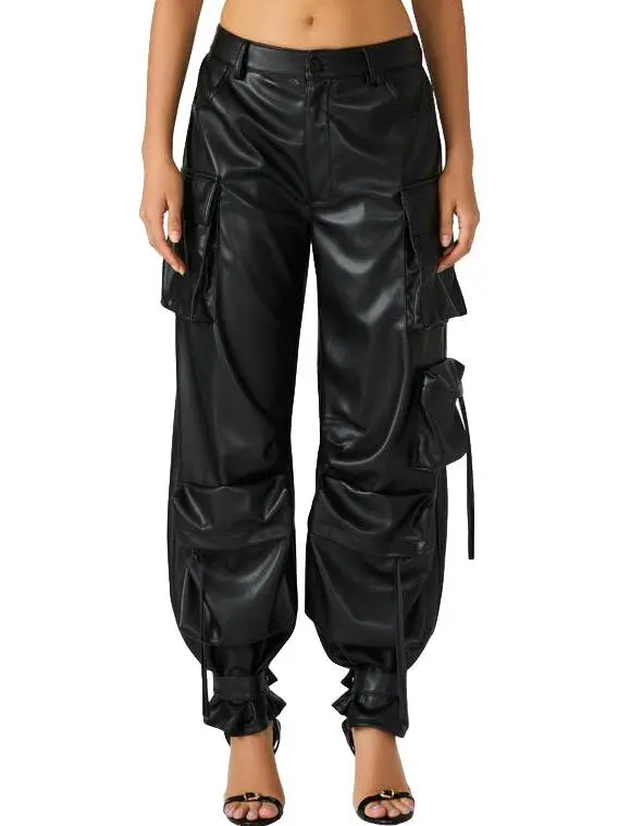 Steve Madden Faux Leather Wide Leg Cargo Pants - Black